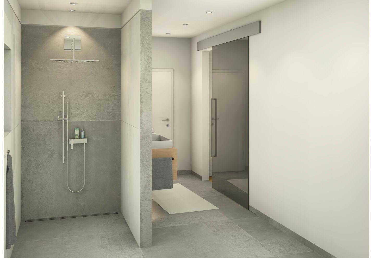 Walk In Dusche gemauert mit Großformat Fliesen Boden und Wand 120x120 ...